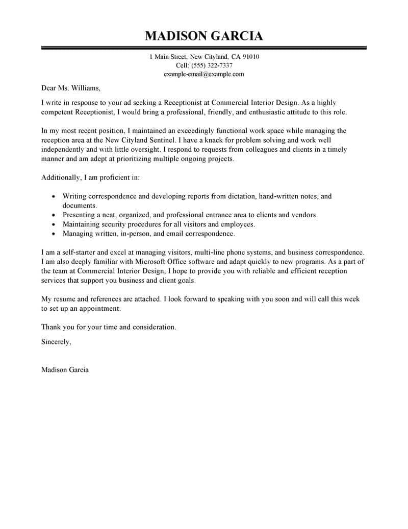 30 Receptionist Cover Letter Letterly info