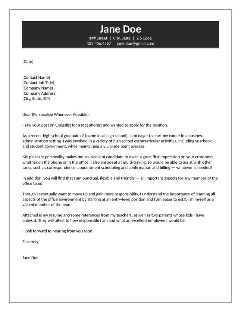 Good Cover Letter For Resume Entry Level Receptionist Cover Letter ...