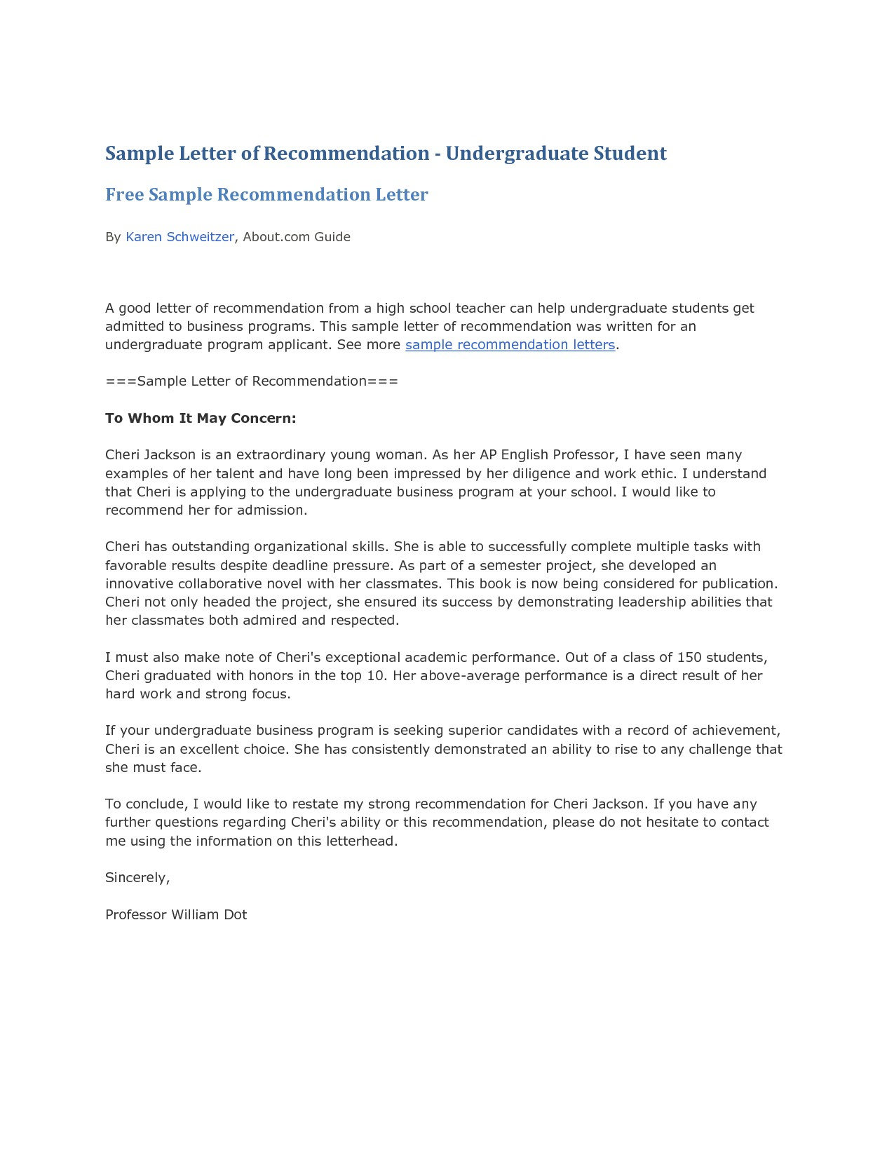 Letter Of Recommendation Template College Admission Letter ...