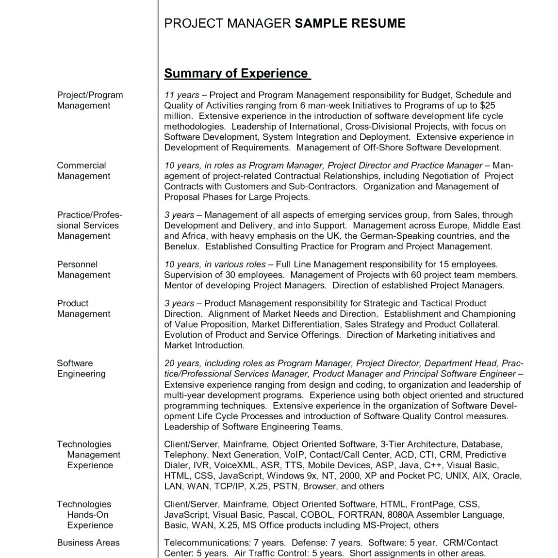 Resume Summary Examples Project Management Summary Template Resume ...