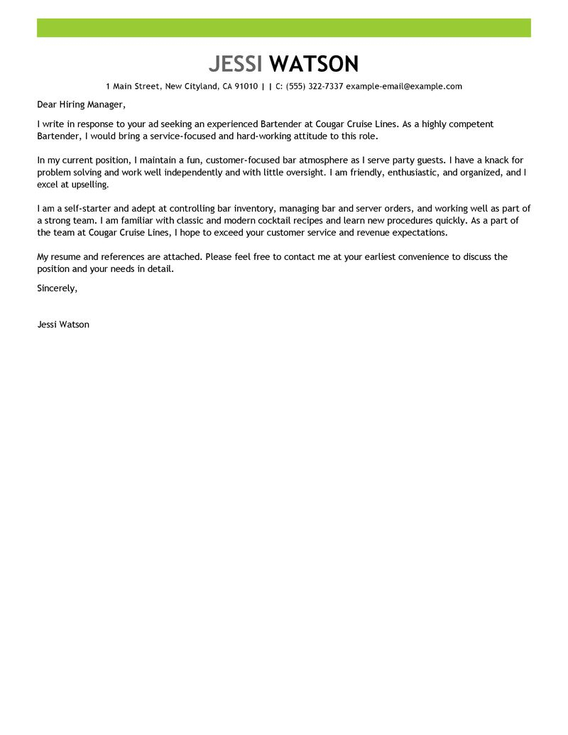 Server Cover Letter Leading Professional Bartender Cover Letter ...